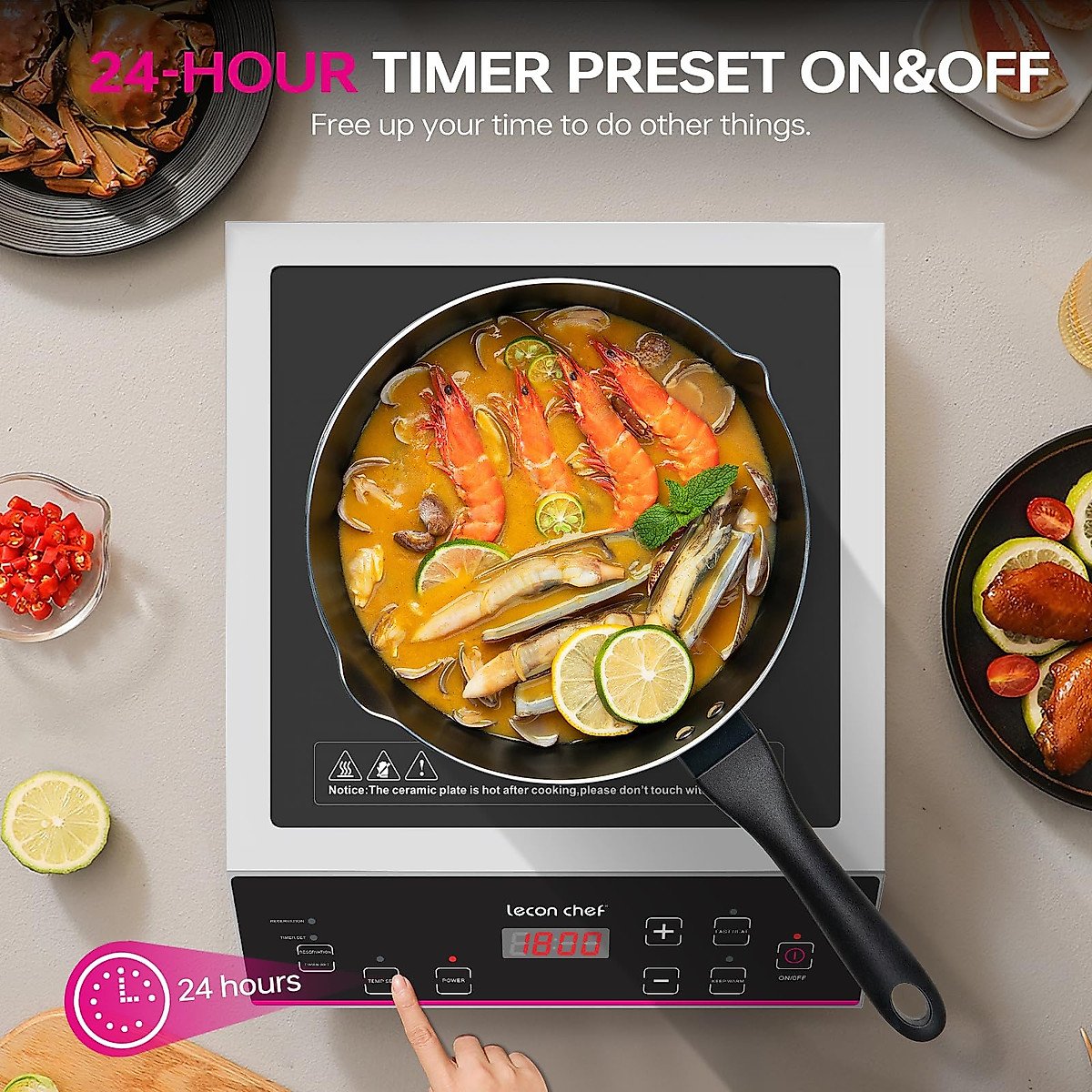 Lecon Chef Induction Cooktop 1800W Induction Burner Cooker Portable Commercial Countertop Burner Stove Stainless Steel Electric 10 Power&Temperature Levels Induction Range with 24-Hour Timer & Preset