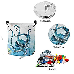Octopus Laundry Hamper Large Waterproof Lightweight Collapsible Storage Basket, Toy Dirty Clothes Organizer for Bedroom Office Dorm, Boys and Girls - Blue Octopus Ocean Marine Life Theme