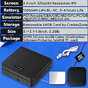 CredevZone V90 Handheld Game Console 3 inch Retro Clamshell Games Consoles Built-in Rechargeable Battery Portable Style Flip Hand Held Game Video Consoles System Black 64GB
