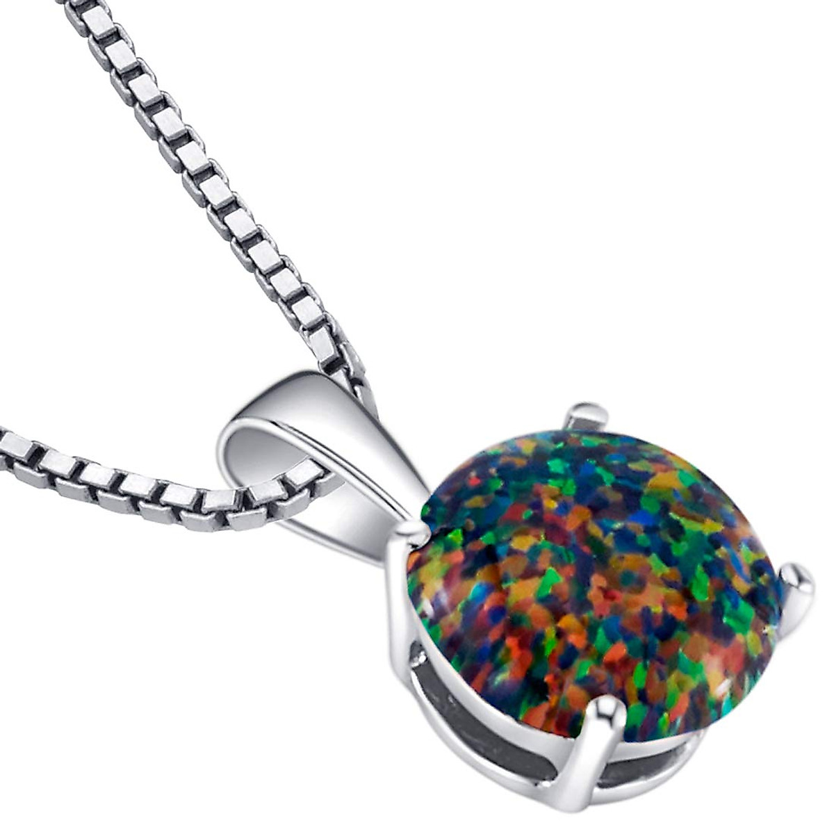 PEORA 14K White Gold Created Black Fire Opal Pendant for Women, Classic Solitaire, 1 Carat Round Shape 8mm, AAA Grade