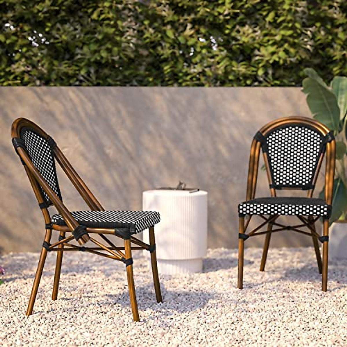 Flash Furniture Bordeaux Set of 2 Indoor/Outdoor Commercial French Bistro Stack Chairs - Black/White PE Rattan Back and Seat - Natural Bamboo Print Aluminum Frame