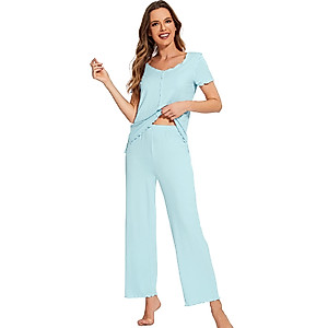 WiWi Womens Viscose from Bamboo Pajamas Set Short Sleeve Pjs Pajama Sleepwear Soft Pants Sets S-XXL, Aqua, Medium