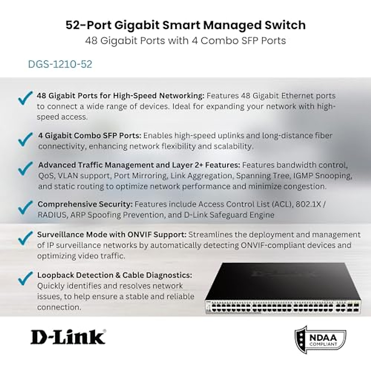 D-Link 52-Port Gigabit Smart Managed Switch | 48 GbE + 4 Combo SFP Ports | L2+ | Static Routing | VLANs | Cable Diagnostics | Web Managed | Rackmount | NDAA Compliant | Lifetime Warranty (DGS-1210-52)