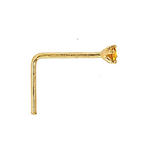22G Solid 14Kt Gold L-Shape Nose Stud with real Citrine Gemstone, 14kt Yellow Gold or 14kt White Gold Prong Setting - November Birthstone Nose Ring-LSYG_CN-1.5MM