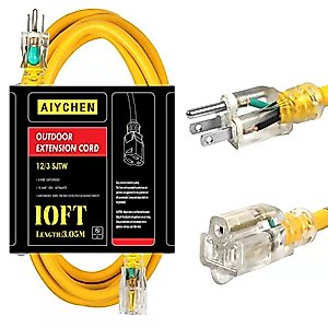 10 Feet Outdoor Extension Cord - 12/3 Gauge SJTW 3 Prong Cable Grounded Plug Heavy Duty UL Listed Weather Resistant 15 AMP 125 Volts Yellow for Garden Lawn (1 Pack)
