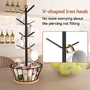 simesove Drying Storage Rack Holder Home Storage Mug Hooks Multipurpose Display Stand Metal Tree Shape Mug Coffee Cups Stand with 8 Hooks-Bamboo Base with Coffee Basket