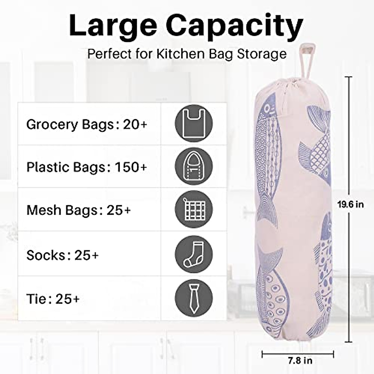 TOGETRUE Plastic Bag Holder, Natural Cotton Grocery Shopping Bag Holder, Cute Fish Pantry Decor (Sky Blue)