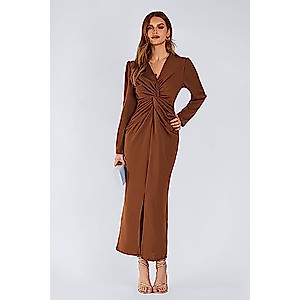 PRETTYGARDEN Women's Spring Fall Fashion Long Puff Sleeve Maxi Dresses V Neck Twist Front Formal Dress with Slit (Coffee,Large)