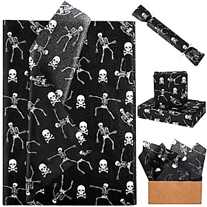 Bolsome 100 Sheets 20 × 14 Inches Halloween Tissue Paper for Gift Packaging Black White Dancing Skeleton Patterned Tissue Paper for Halloween Trick or Treat Party DIY Craft