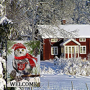 Artofy Welcome Winter Owl Coffee Pinecones Home Decorative Garden Flag Snow, Pine Trees Branches House Yard Outside Decor, Christmas Snowflakes Farmhouse Outdoor Small Decoration Double Sided 12 x 18