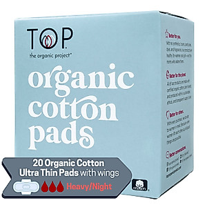 TOP the organic project: Ultra Thin Super (Night) Absorbent Pads w/Wings - Certified 100% Organic Cotton | Non-Toxic, Biodegradable (Natural Sanitary Napkin, Breathable, Unscented), 20 Ct