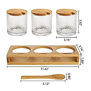 ZEAYEA Set of 3 Seasoning Box, Salt Sugar Storage Container with Bamboo Lid Spoon and Tray, Spice Pots for Kitchen Cooking Supplies, Glass Condiments Container Jars for Home Coffee Bar Restaurant