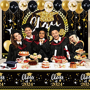 Black and Gold Graduation Party Decorations 2023,67pcs Class of 2023 Party Decor Kit with Balloon Garland Backdrop Banner and Tablecloth for High School, College, Medical Student Graduation Party Supplies