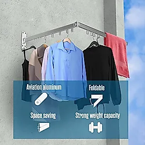 Clothes Drying Rack, Folding Air Dry Laundry, Wall Mounted Hang Dryer, 63"x7", Aluminum, Retractable, Collapsible, Foldable, Pull Out Clothesline for Hanging Shirts, Pants, Indoor, Outdoor w/Hooks