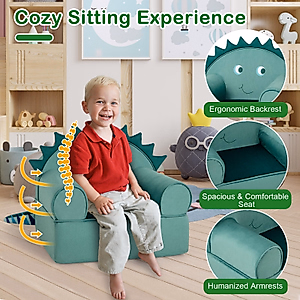 Costzon Kids Couch, Children's Sofa Armchair with Washable Velvet Cover & Soft Sponge Filling, Upholstered Sofa Chair for Boys Girls, Preschool Bedroom Playroom Gift Presents, Toddler Couch (Dinosaur)