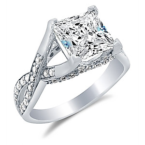 Size 7.5 - Solid 14k White Gold Princess Cut Solitaire with Round Side Stones CZ Cubic Zirconia Engagement Ring 2.5ct.