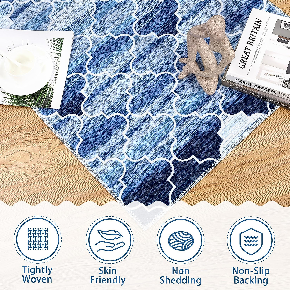 CAROMIO 8x10 Area Rug Machine Washable Rug Modern Moroccan Area Rug Distressed Trellis Accent Rug Stain Resistant Non-Slip Foldable Floor Cover Carpet Rug for Living Room Home Decor, Navy