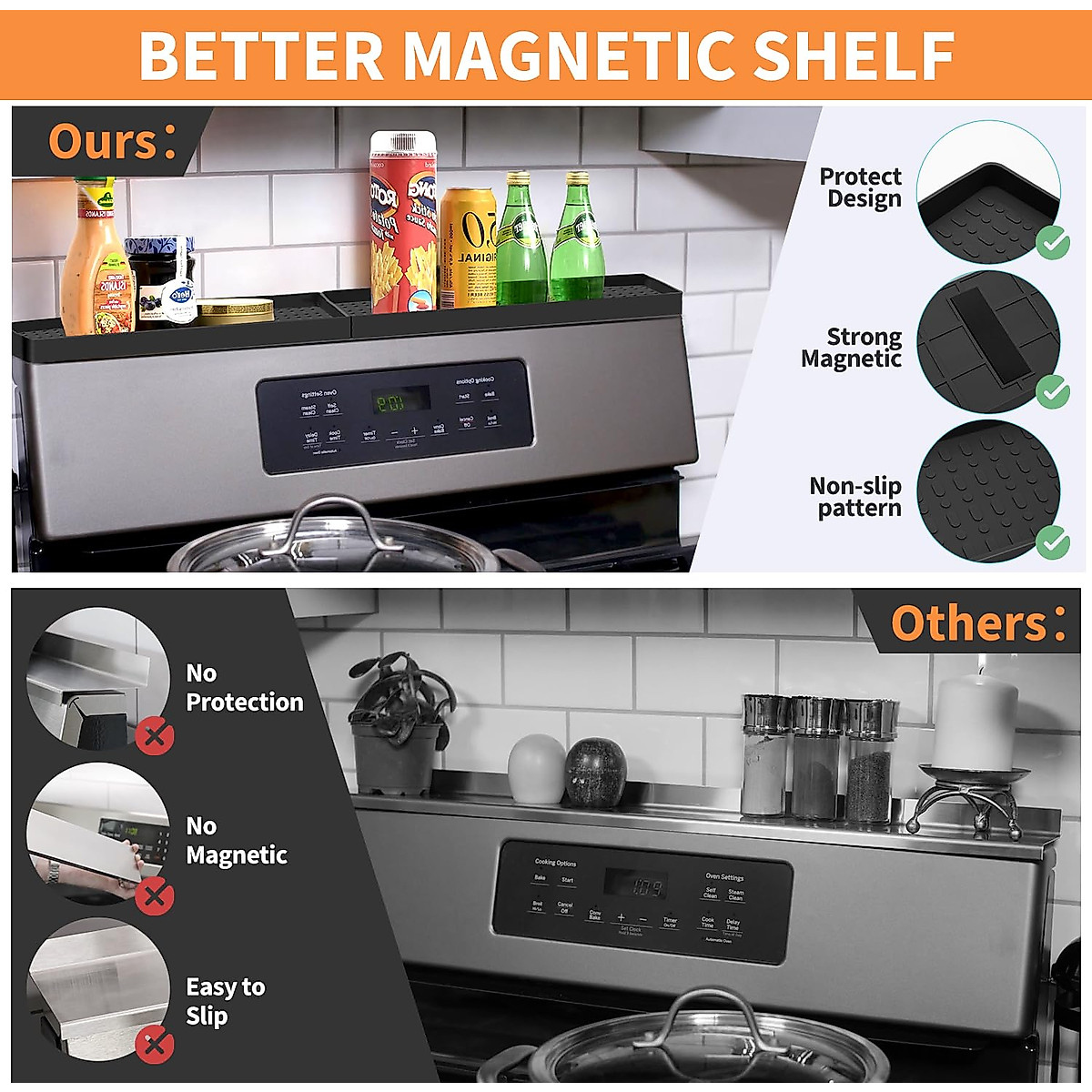 30 Inch Silicone Magnetic Stove Top Shelf, Kitchen Shelf Over Stove Spice Rack Apartment Must Haves Kitchen Gadgets for Above Stovetop Seasoning Organization and Storage with 2 Functional Prtitions