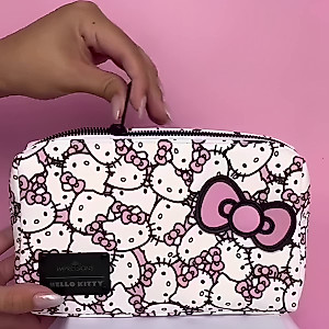 Impressions Vanity Hello Kitty Cosmetic Pouch with Waterproof Faux Leather, Zippered Bag For Travel Size Toiletries, Makeup Bag Organizer With Inside Pocket With Extra Slip Pocket (White/Pink)