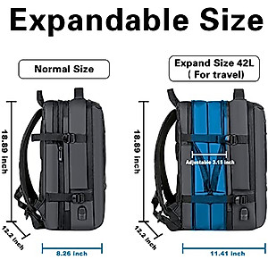Travel Backpack, Extra Large Travel Backpack, Carry On Backpack, 40L Expandable Flight Approved Water Resistant Luggage Casual Daypack with USB Port Fits 17 Inch Laptop, Travel Gifts for Men, Black