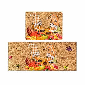 ROTORS Fall Gnome Pumpkin Decorative Kitchen Mats Set of 2, Fall Halloween Thanksgiving Rustic Yard Kitchen Rug with Non-Slip Rubber, Gnome Seasonal Decorative Floor Mat Doormat