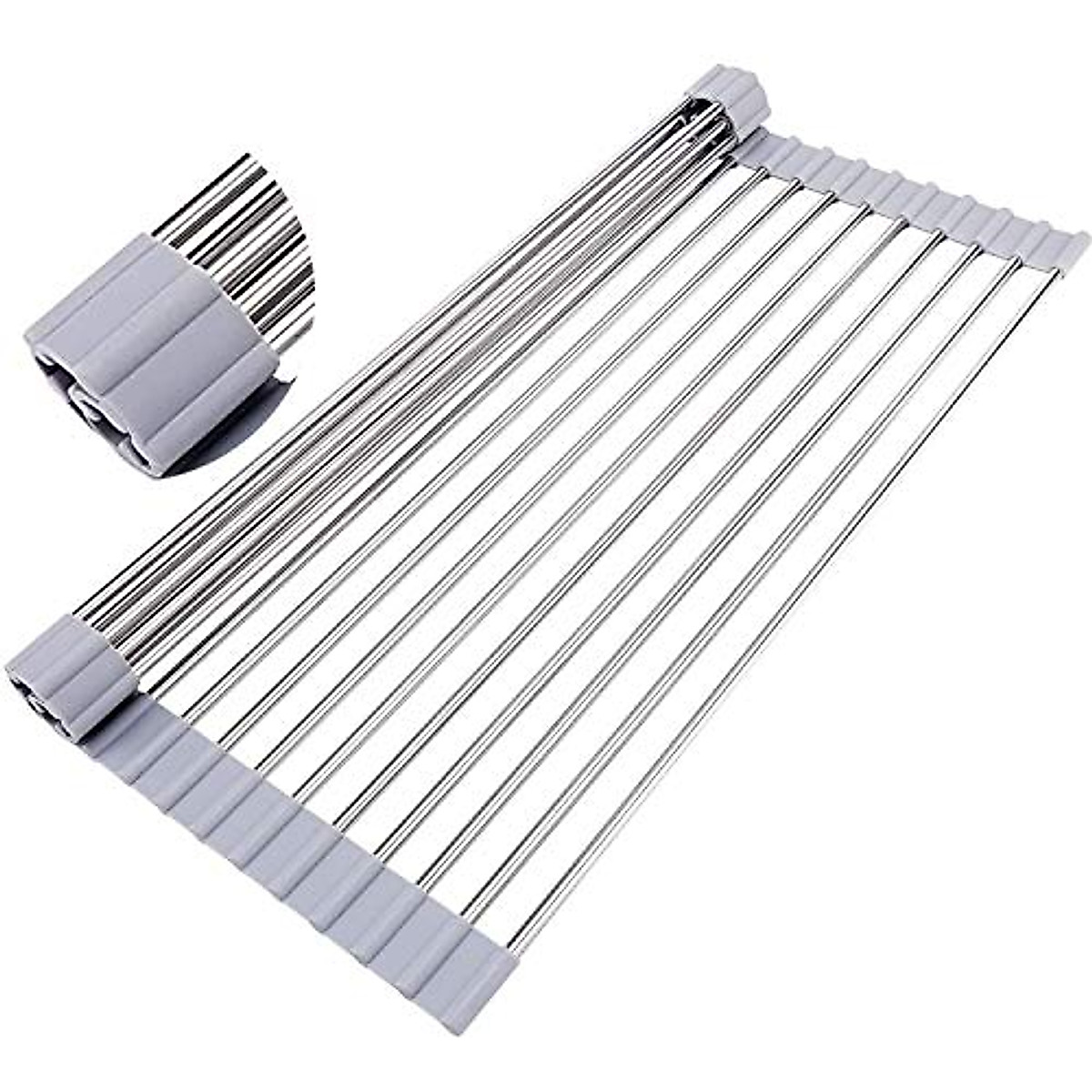 EC ELEGANTCHARM Roll Up Dish Drying Rack Extra Large (20.5" x 16") Multipurpose Folding Drainer Stainless Steel Silicone Coated Rims Rinsing Dish Rack