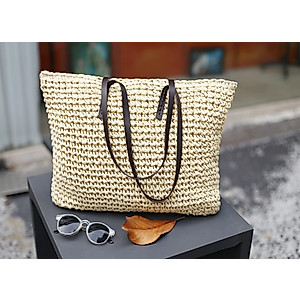 COOKOOKY Straw Beach Bag Summer Handmade Woven Shoulder Tote Bags Purse for Women (Square Khaki Bag)