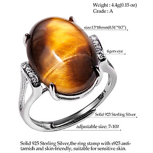 Jewever 925 Sterling Silver Rings for Women Men Genuine Tiger Eye Stone Anxiety Ring Open Adjustable Unisex Jewelry (7-10#)