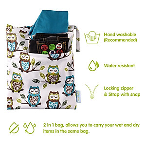 Wet Dry Bag Splice Cloth Diaper Wet Bags Waterproof Double Infant Stroller Travel Small Size Zipper Snap Handing for Swimwear Bathing Suit Baby Kids Reusable (Giraffe and Owls)
