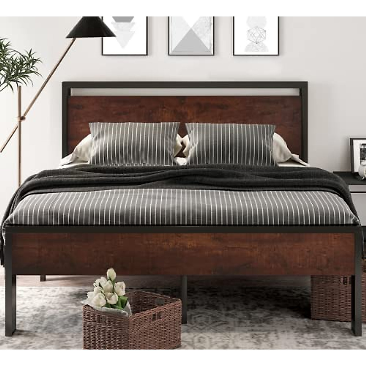 SHA CERLIN 14 Inch Queen Size Metal Platform Bed Frame with Wooden Headboard and Footboard, Mattress Foundation, No Box Spring Needed, Large Under Bed Storage, Non-Slip Without Noise, Mahogany
