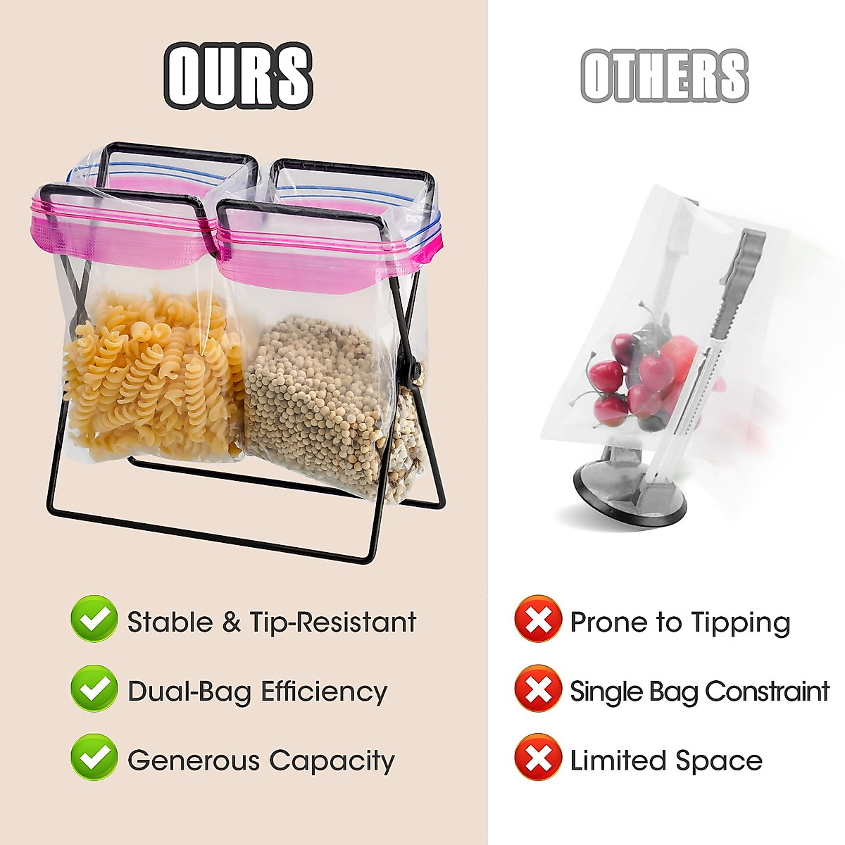 NiHome Versatile Metal Zip Lock Bag Holder with Artistic Iron Craftsmanship for Leakproof and Effortless One-Handed Packing, Sized for Kitchen and Household Use (7.1"D x 4.3"W x 6.7"H)