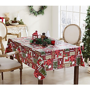 Newbridge Red Sleigh Bells Ring Country Rustic Vinyl Flannel Back Vinyl Christmas Tablecloth, Moose Antlers, Sleighs and Festive Xmas Wipe Clean Tablecloth, 52 Inch x 70 Inch Oblong/Rectangle