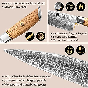 XINZUO 8-Piece Damascus kitchen Knife Set with Block& Kitchen Scissors, Hand Forged 73 Layer Damascus Powder Steel Professional Chef Knife Sets, Olive Wood Handle, Gift Box