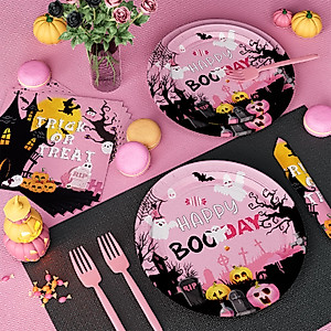 Fiesec Happy Boo Day Party Supplies Tableware Set, Pink Halloween Party Decorations for Girl, Trick or Treat Pumpkin Ghost Face Plates, Napkins, Forks, Serves 24 Guests