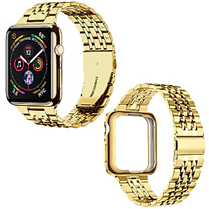 MioHHR Compatible with Apple Watch band 44mm 42mm (Not Series 10), Solid Stainless Steel Metal Strap for iWatch Series 6 5 4 3 2 1 SE, Gold