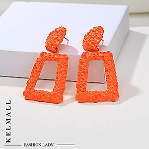 KELMALL Raised Design Drop Dangle Statement Earrings for Women Classic Metallic Geometric Rectangle Earring- Neon Orange