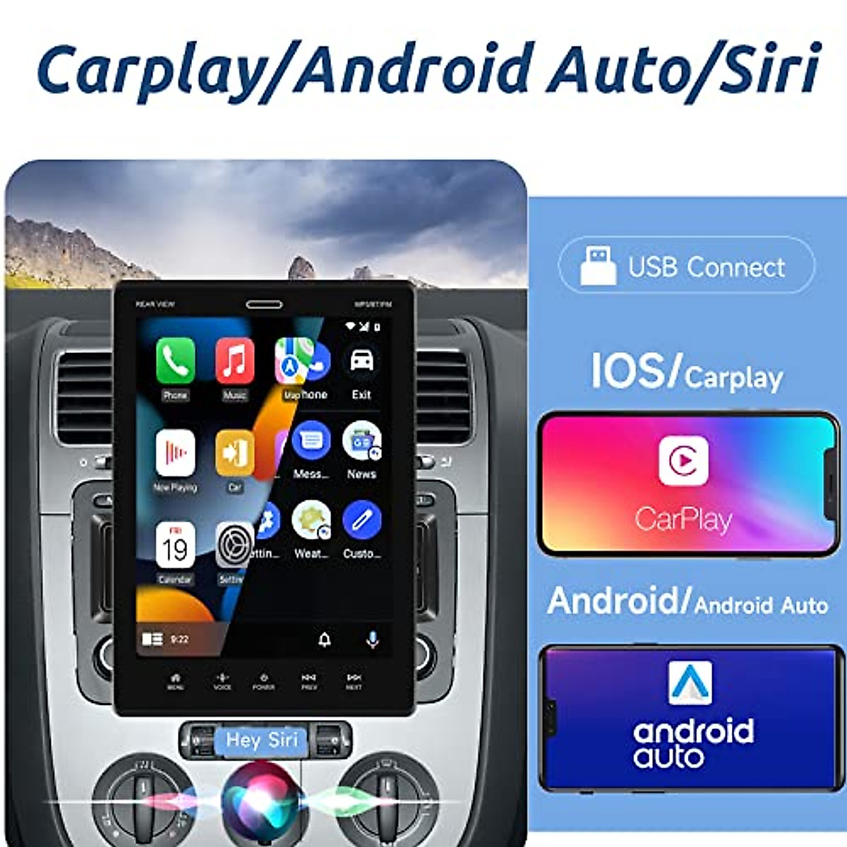 Single Din Car Stereo with Apple Carplay Android Auto, podofo 9.5'' Veritical Adjustable Touch Screen Car Radio with Mirror Link Bluetooth FM Radio Backup Camera/USB/TF Card Port/AUX-in