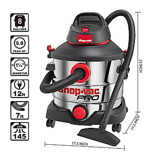 Shop-Vac 8 Gallon 6.0 Peak HP Wet/Dry Vacuum, Stainless Steel Tank, Portable Shop Vacuum with Multifunctional Attachments for Jobsite, Garage & Workshop. 5989400