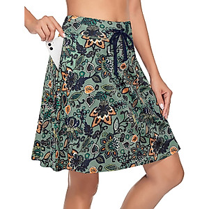 BLEVONH Tennis Skirts for Women High Waisted, Womens Golf Skirt 20" Knee Length Drawstring Skorts Skirts for Women Short Skirts with Pockets Orange Flower M