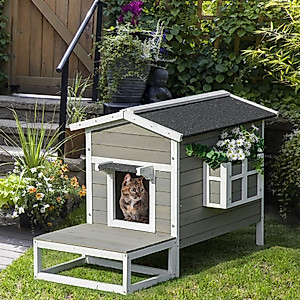 PawHut Wooden Cat House Outdoor with Door, Weatherproof 2-Floor Cat Shelter with Asphalt Roof, Balcony, Dark Gray