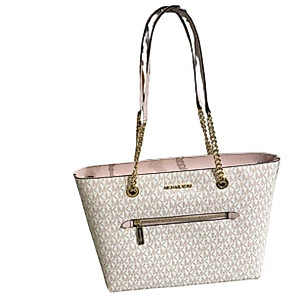 Michael Kors Jet Set Item Medium Front Pocket Chain Tote Bag Purse (Optic White/Rose Gold)