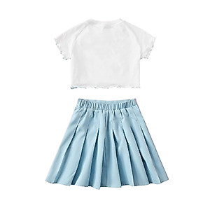 SOLY HUX Girl's Butterfly Print Short Sleeve Tee Top and Pleated Skirt Set 2 Piece Outfits White Blue 11-12Y