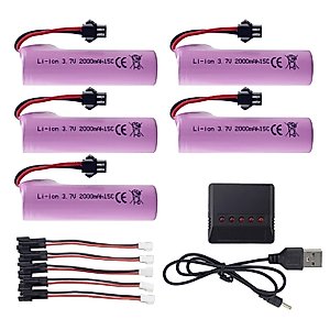 PUOO 5PCS 3.7V 2000mAh SM-2P Plug Li-ion Battery with 5-in-1 Charger for DE68 DE44 DE45W DE45 DE58 DE49 DE57 DE70 Off-Road Vehicle Truck Tank RC Car Spare Batteries