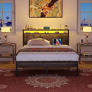 Homieasy Full Size Bed Frame with Charging Station and Led Lights, Industrial Metal Platform Bed with Storage Headboard, Steel Slat Support, No Box Spring Needed, Noise-Free, Black Oak