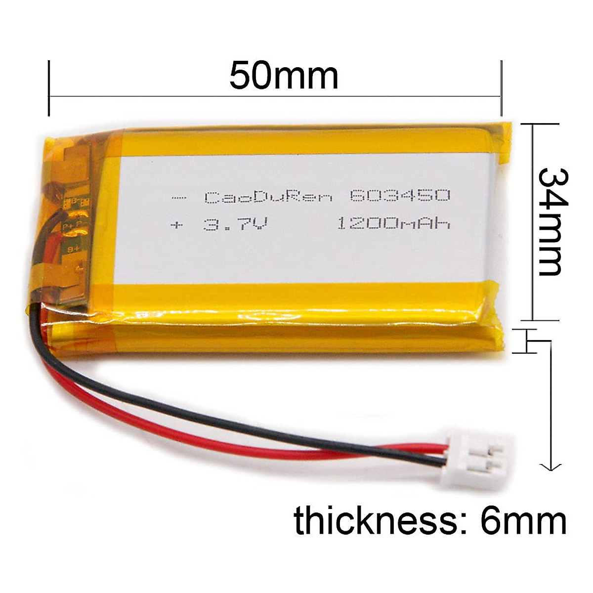 CaoDuRen Rechargeable 3.7V Li Lipo Lithium Polymer Ion Battery Pack with 2 Pin 2.0mm JST Connector (603450 1100mAh)