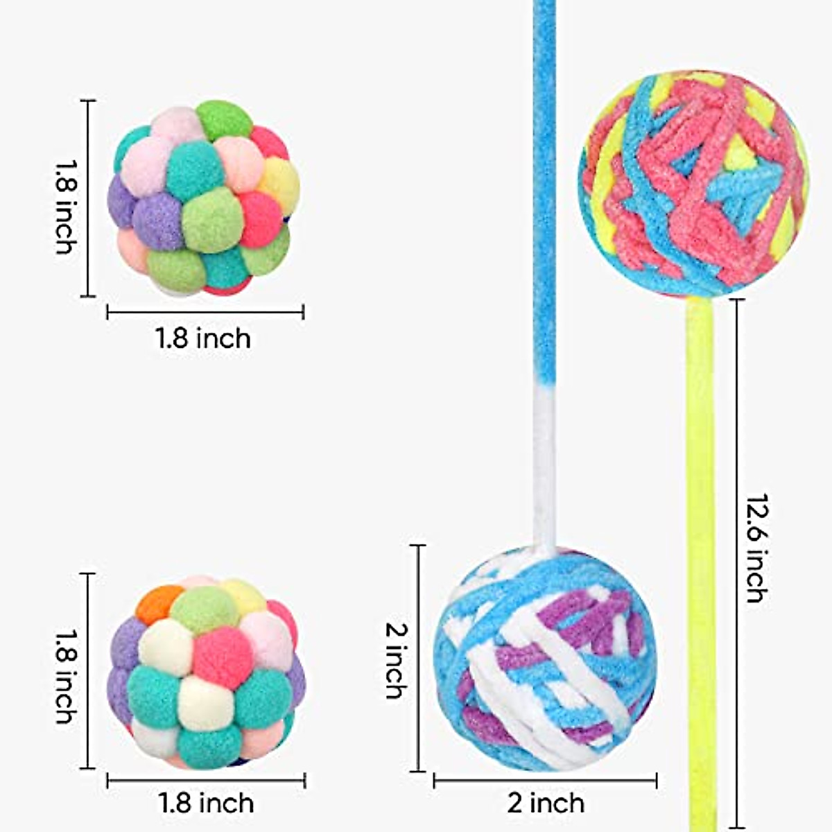 WONOWPA Cat Toy Balls with Bell, Colorful Soft Cat Fuzzy Balls, Interactive Cat Toys for Indoor Cats and Kittens (2 Pcs Bell Balls & 2 Pcs Fuzzy Balls)