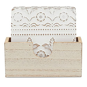 Set of 6 White Wooden Coasters with Holder for Drinks, Coffee Table, and Floral Farmhouse Decor (3.8 Inches)
