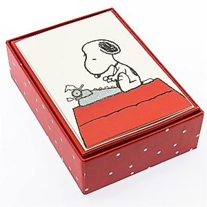 Graphique Peanuts Typewriter Boxed Notecards, 16 Snoopy at Typewriter Cards Embellished with Glitter, with Matching Envelopes and Storage Box, 3.25" x 4.75"