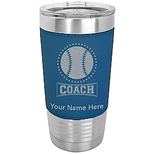 LaserGram 20oz Vacuum Insulated Tumbler Mug, Baseball Coach, Personalized Engraving Included (Faux Leather, Blue)