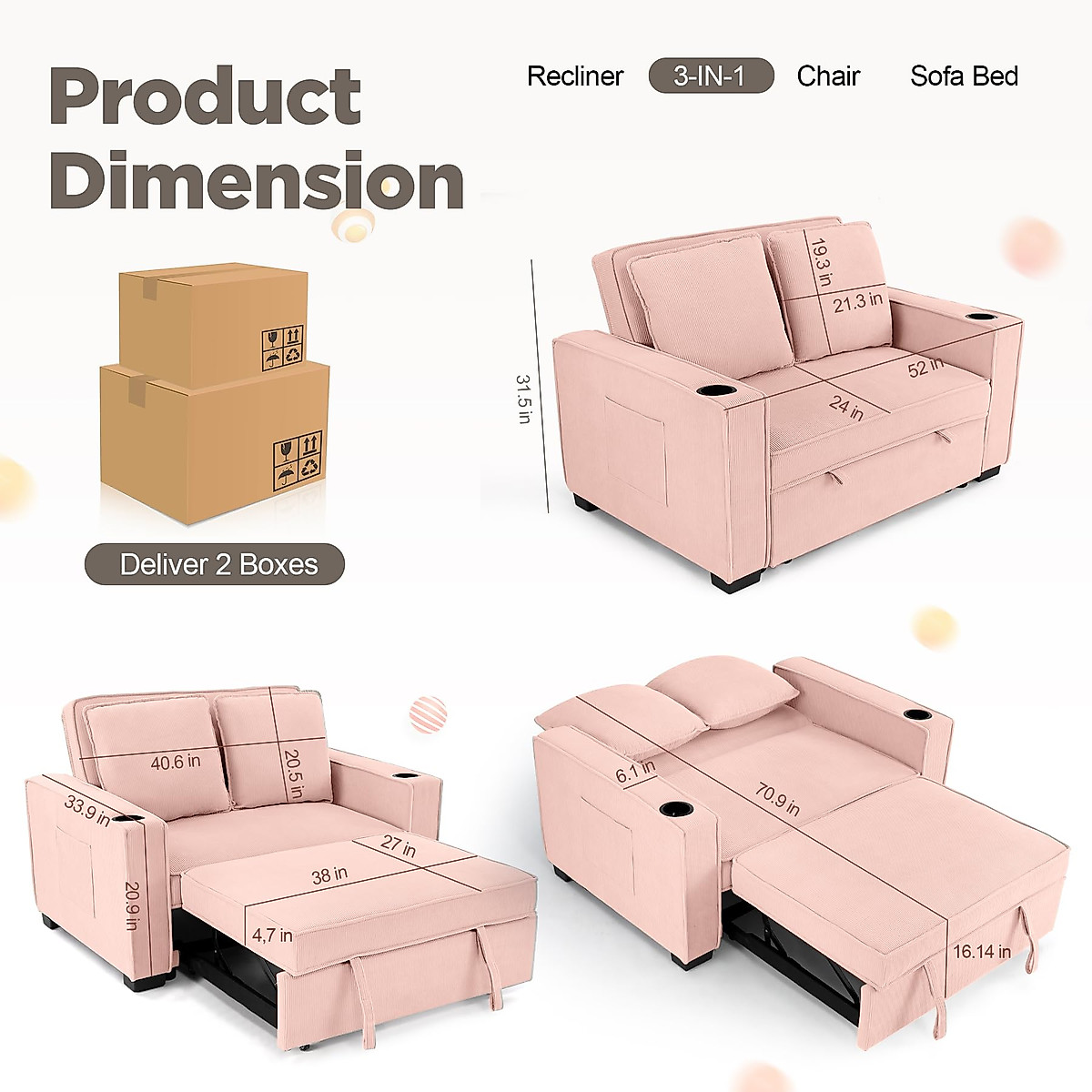 SEJOV 52" Convertible Sofa Bed, 3-in-1 Sleeper Sofa Pull-Out Bed, Multi-Functional Corduroy Futon Couch with Adjustable Backrest and Cup Holders, Loveseat Sofa for Small Space, Living Room, Pink